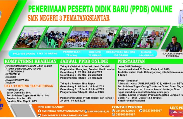 Catat..! Jadwal PPDB SMK Negeri 3 Pematang Siantar Tahun Ajaran 2023-2024